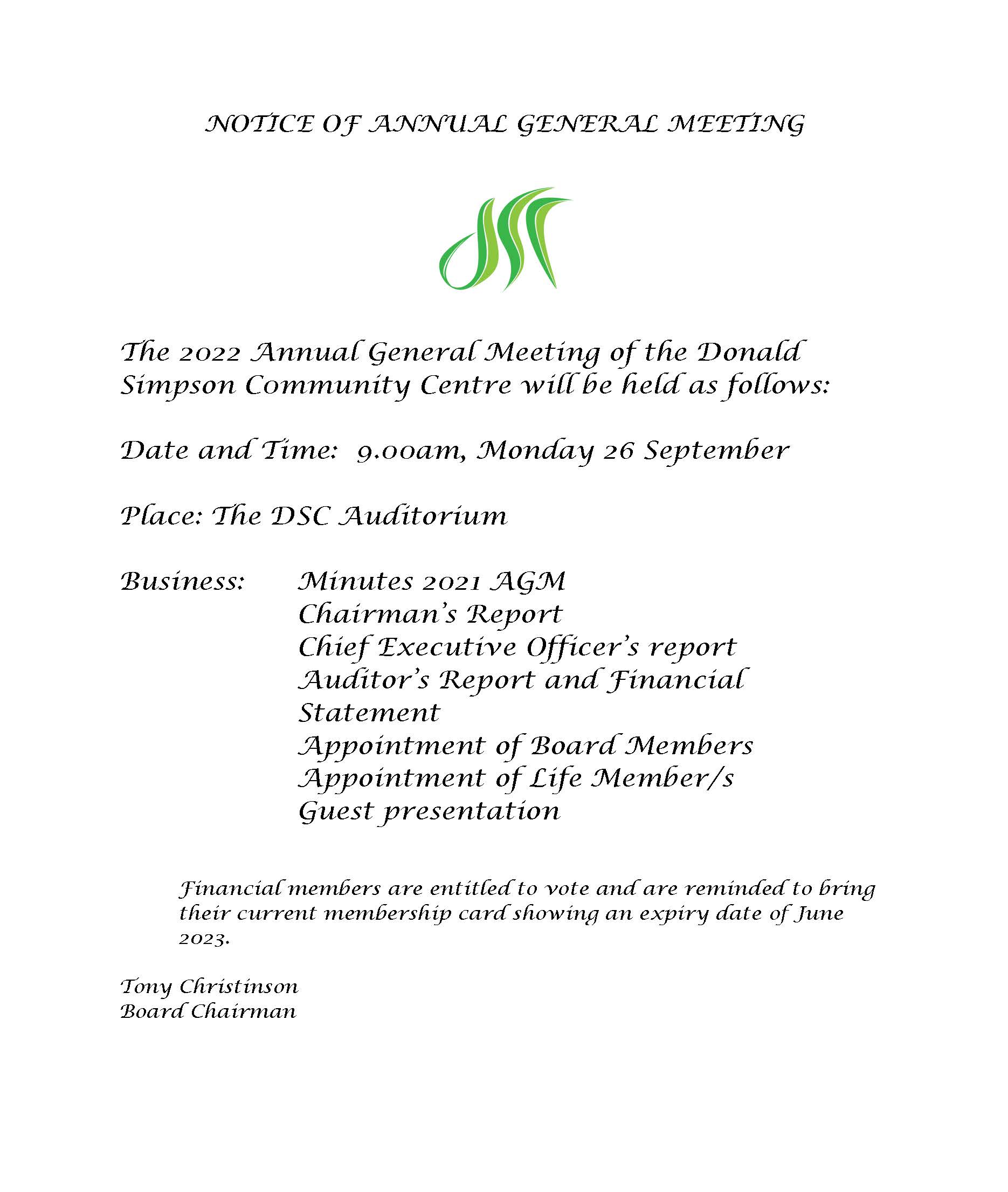 DSC AGM - The Donald Simpson Centre
